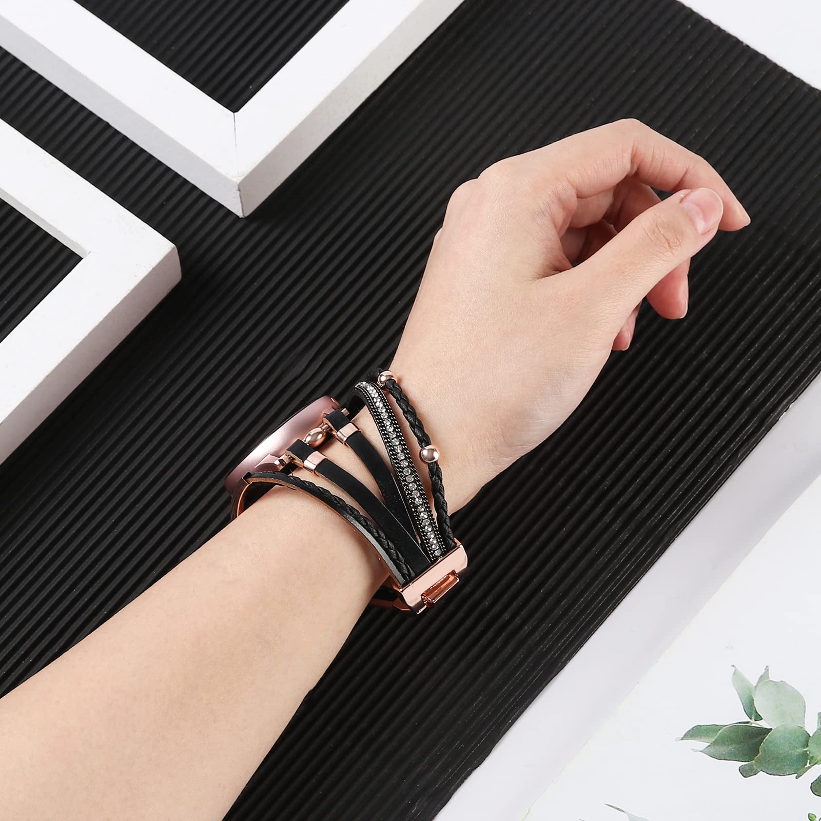 Posh Leather Bands Compatible with Samsung Galaxy Watch 7 6 5 4 40mm 44mm/Watch 6 4 Classic Band 42mm 46mm 43mm 47mm/Galaxy Watch 5 Pro Band 45mm/Active 2, 20mm Boho Bracelet Handmade Strap for Women (Black/Rose Gold)