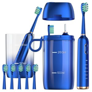 anycover sonic electric toothbrush for adults, automatic cleaning portable travel case and 6 brush heads, 41000 vpm 4 modes 2 minutes build in smart timer, one charge for 90 days (blue)