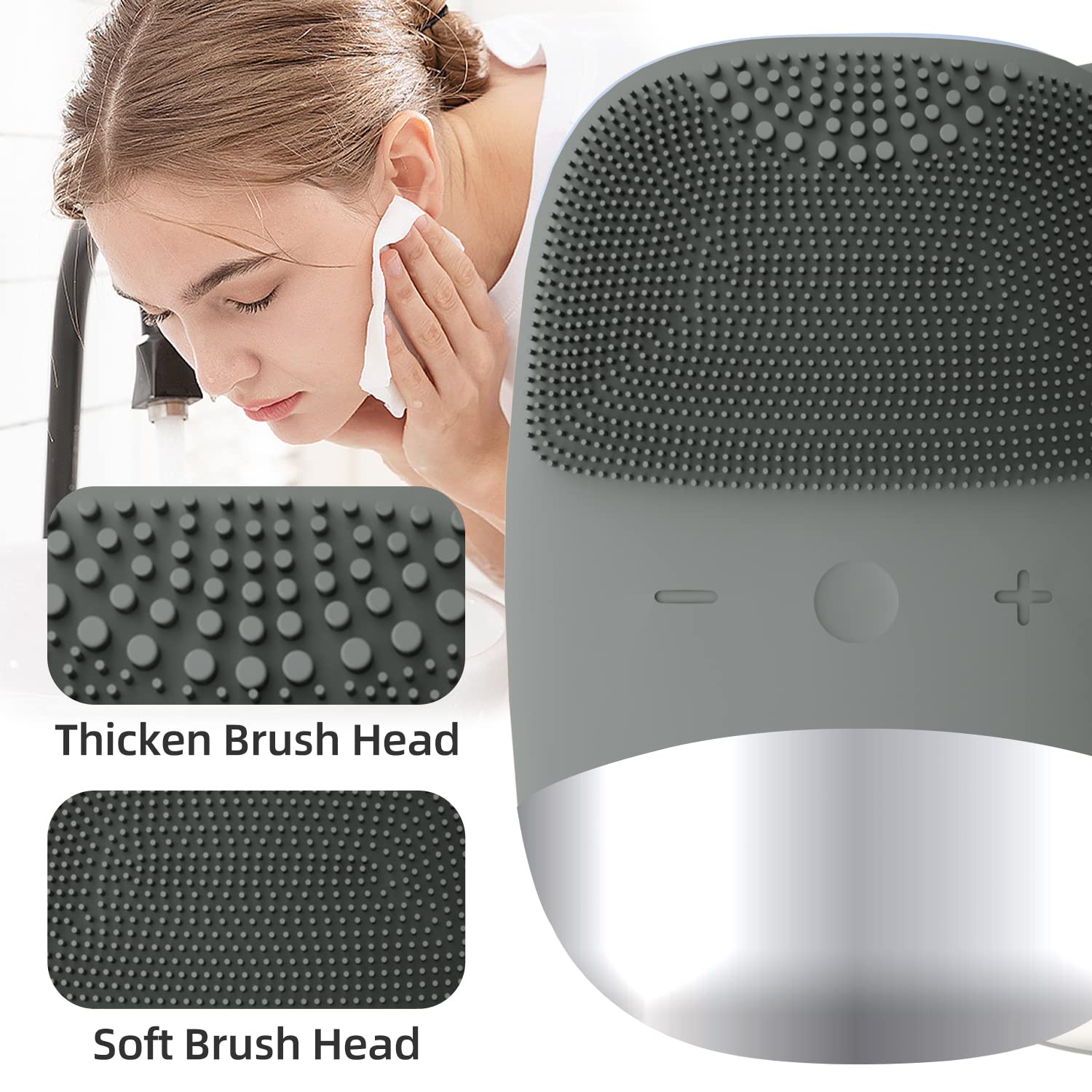 Silicone Face Scrubber, SIWIEY IPX7 Waterproof Sonic Facial Cleansing Brush, USB Rechargeable Sonic Massage Face Brush for Deep Cleansing, Gentle Exfoliating and Massaging (Grey)