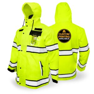 kwiksafety - charlotte, nc - torrent class 3 safety rain jacket - ansi tested osha hivis weather proof reflective coat hideaway hood/yellow xl