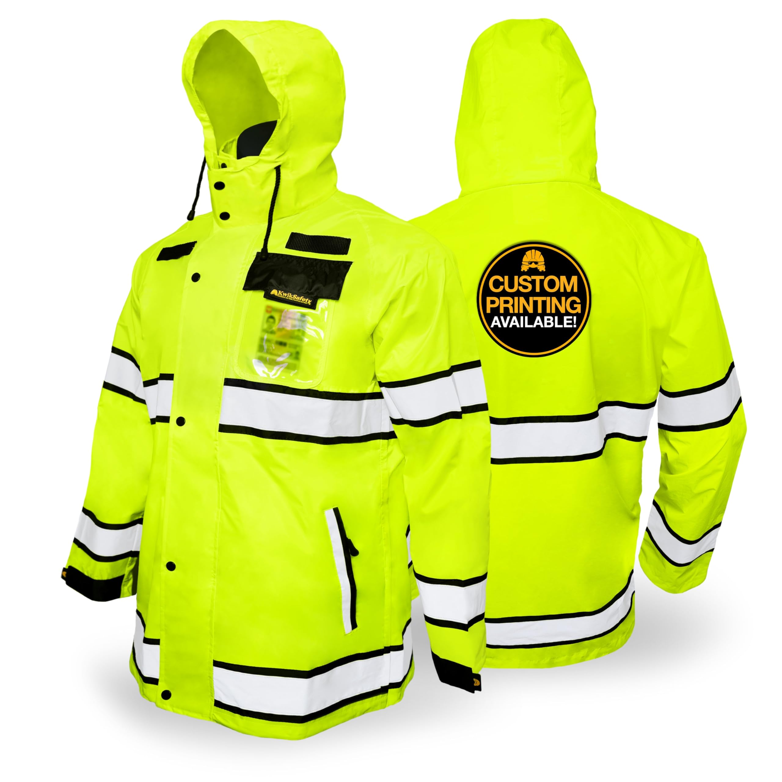 KwikSafety - Charlotte, NC - TORRENT Class 3 Safety Rain Jacket - ANSI Tested OSHA HiVis Weather Proof Reflective Coat Hideaway Hood/Yellow XL