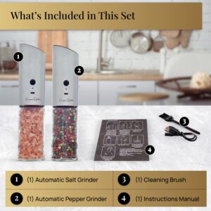 Automatic USB Rechargeable Salt and Pepper Grinder Set - Gravity Electric Salt and Pepper Grinder Set with LED Light and Adjustable Coarseness - Easy to Clean - Cleaning Brush Included - Ideal Gift