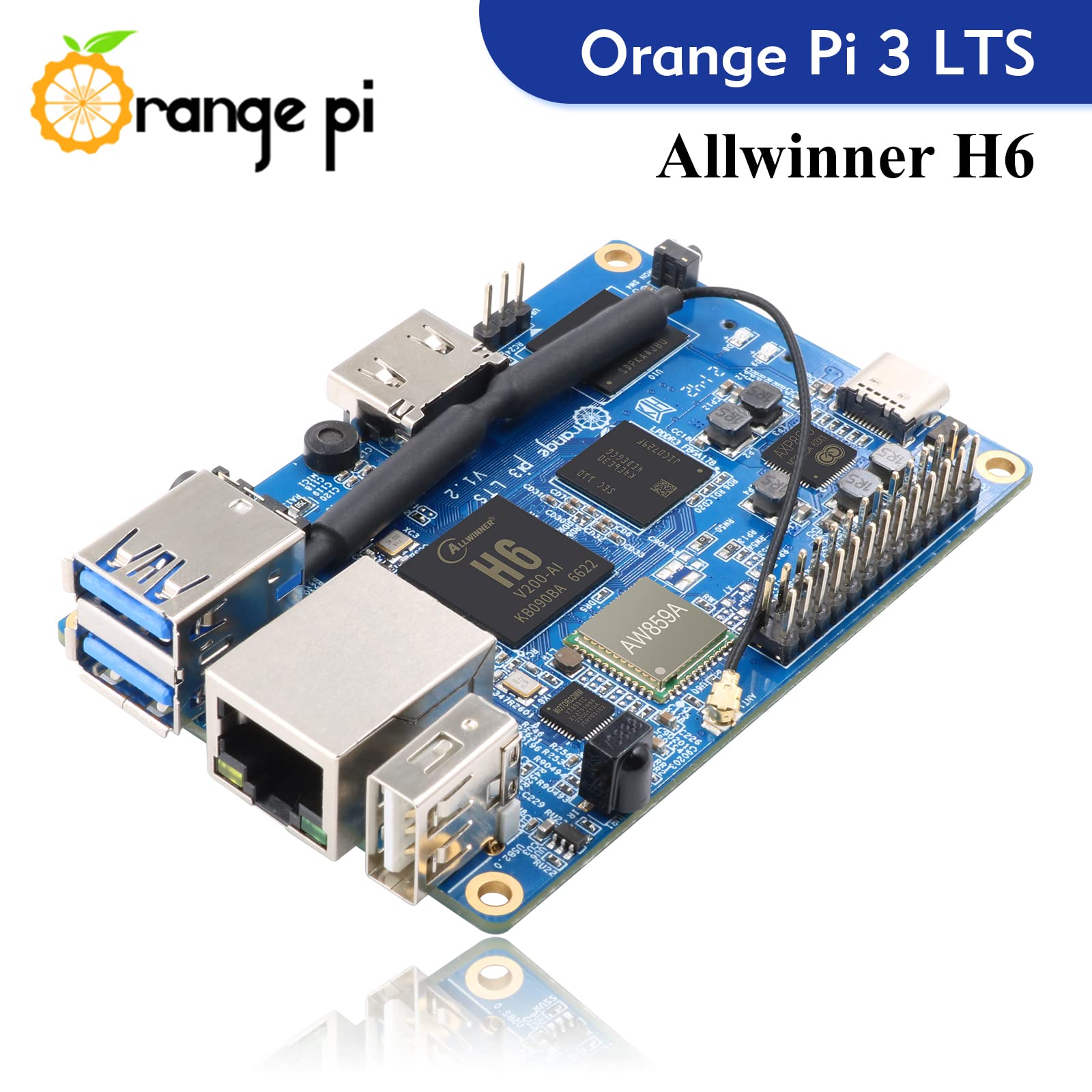 Orange Pi 3 LTS Allwinner H6 2GB LPDDR3 8GB EMMC Flash Quad Core 64 Bit Single Board Computer Support Android 9.0, Ubuntu, Debian Mini PC (PI3 LTS)