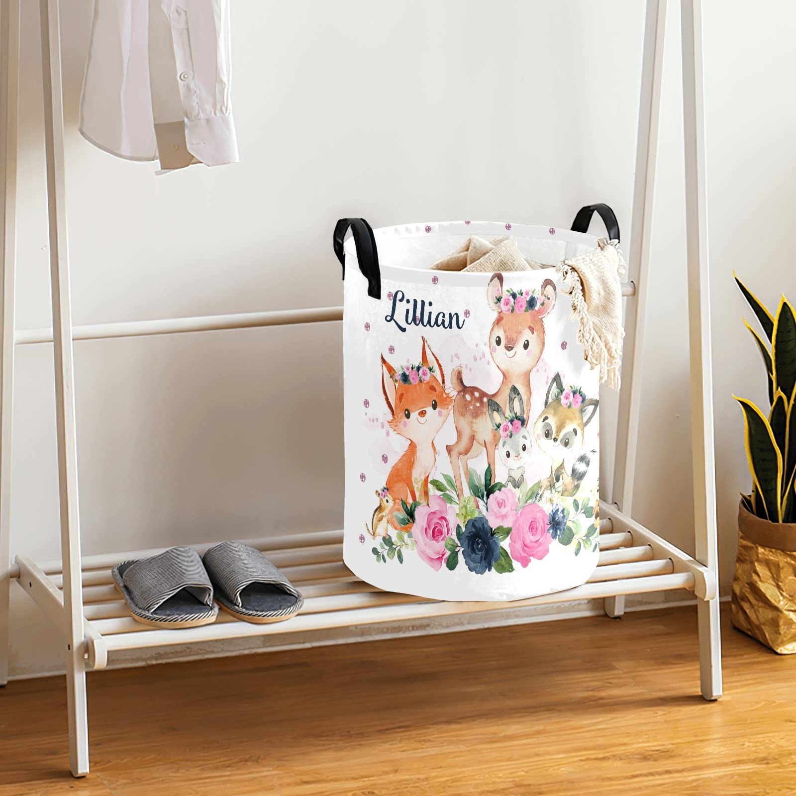 SunFancy Girl Woodland Animals Floral Personalized Laundry Basket Clothes Hamper with Handles Waterproof,Custom Collapsible One Size