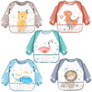 accmor 5 pack long sleeve baby bibs, waterproof sleeved bibs for eating feeding, toddler baby girls boys smock bibs for 6-36 months