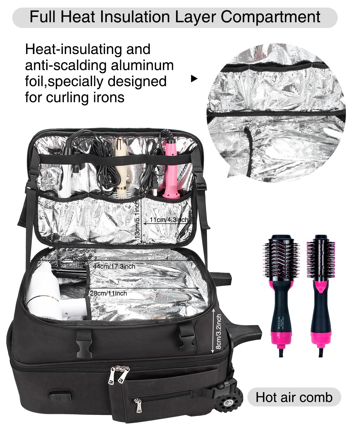 Relavel Barber Travel Backpack, Rolling Makeup Train Case Hairstylist Traveling Bag for Hairdressers and Makeup Artists, Heat Insulation Layer and Adjustable Dividers Cosmetology Case on Wheels