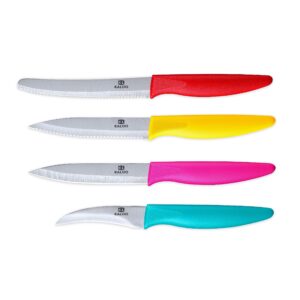 kl kaloo paring knife, set of 4 paring knives set with 2-piece 4-inch straight & serrated paring knives, 3.5-inch peeling knife & 4.5-inch utility paring knife (green, red, pink and yellow)