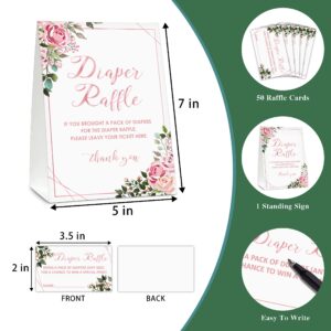 Gihyan Diaper Raffle Baby Shower Game Set(1 Standing Sign + 50 Guessing Cards), Floral Greenery Diaper Raffle Tickets for Baby Shower, Blush Pink Baby Shower Party Favor Decor - A01