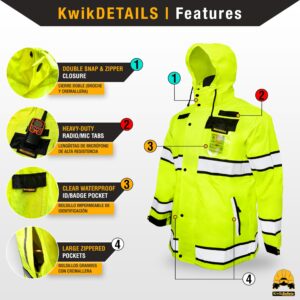 KwikSafety - Charlotte, NC - TORRENT Class 3 Safety Rain Jacket - ANSI Tested OSHA HiVis Weather Proof Reflective Coat Hideaway Hood/Yellow XL