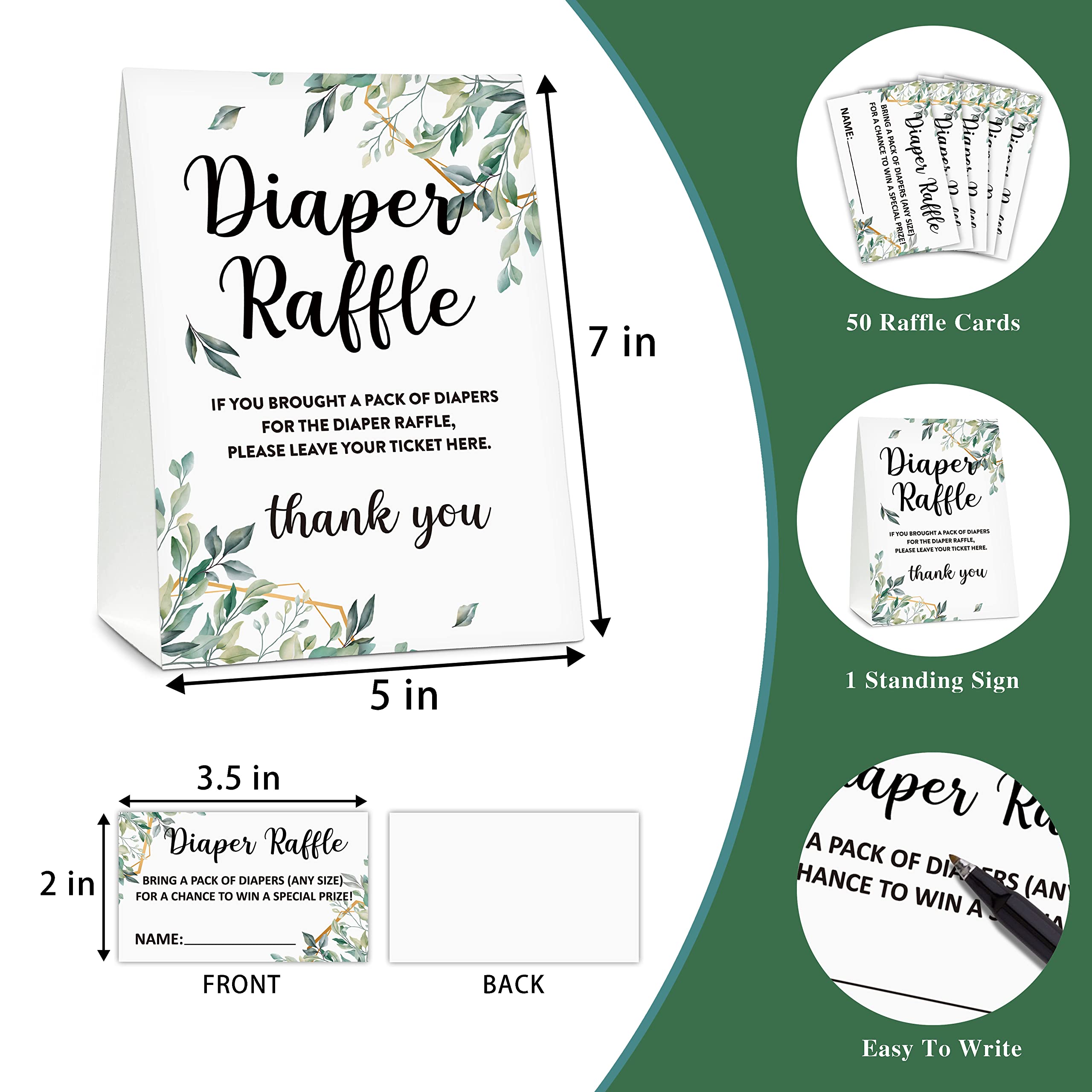 Gihyan Diaper Raffle Baby Shower Game Set(1 Standing Sign + 50 Guessing Cards), Greenery Diaper Raffle Tickets for Baby Shower, Gold Foil Baby Shower Party Favor Decor - A04