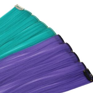 SARARHY Colored Hair Extensions Clip in 21 inch Straight Synthetic Hair Accessories Party Highlights Colorful Hairpieces for Kids Women Girls Wig Pieces 16 Pcs (Teal Lavender)