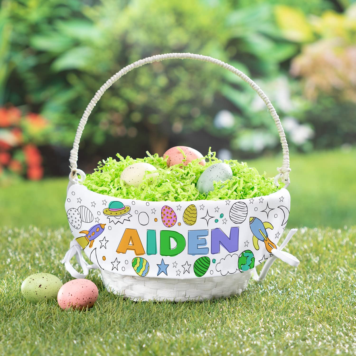 Space Theme DIY Personalized Easter Egg Basket with Handle and Custom Name | Color It Yourself Easter Basket Liners | White Basket | Woven Easter Baskets for Kids | Customized Easter Basket