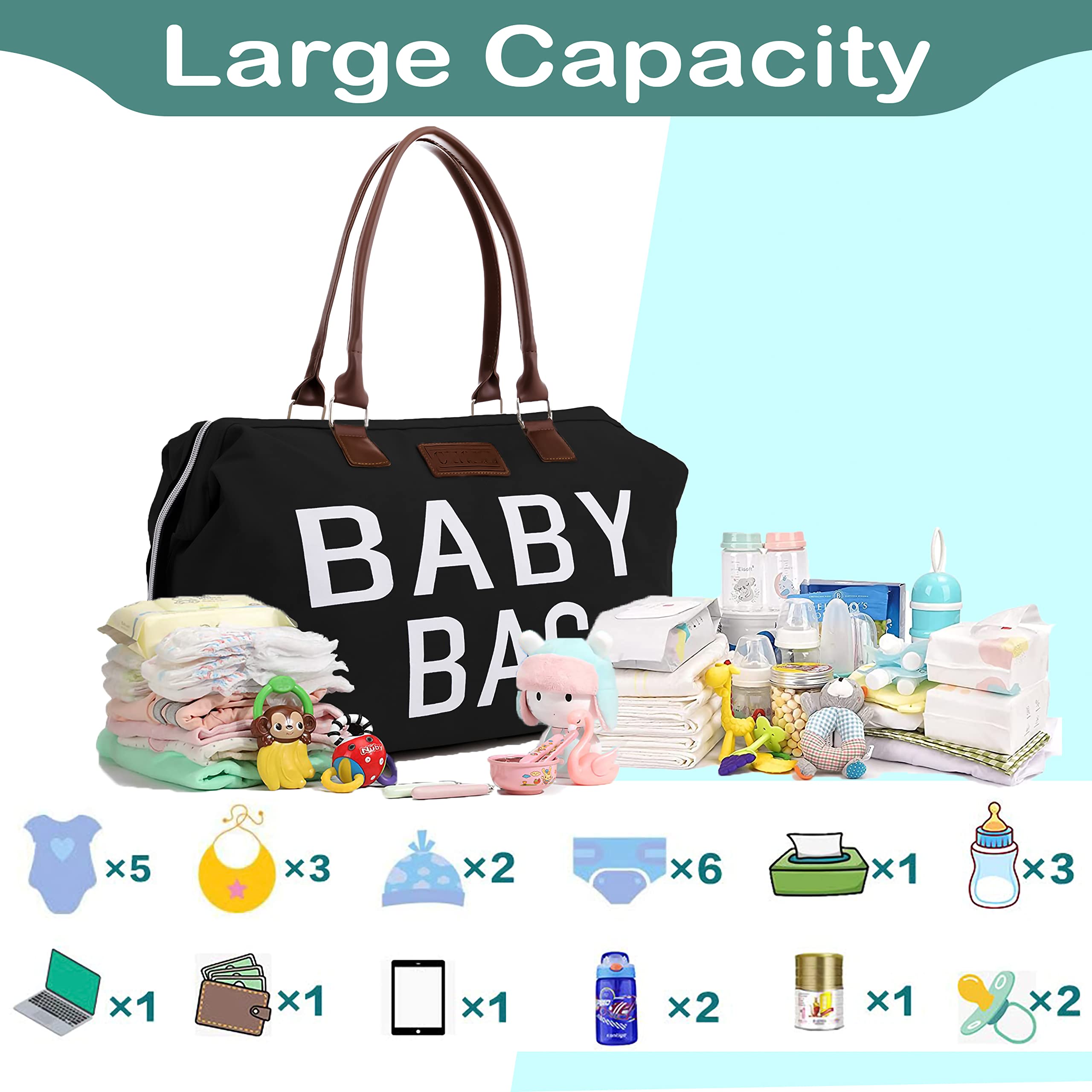 CHQEL Diaper Bag Tote, Mommy Bag for Hospital & Maternity with Mommy's Treasures Bag, Large Capacity Weekender Travel Bag (Black)