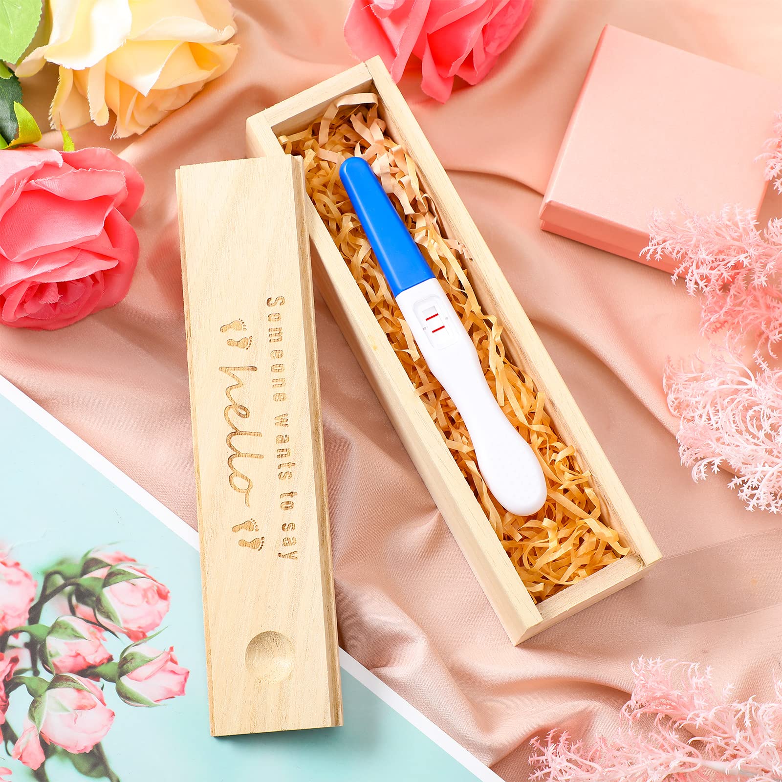 Qunclay Pregnancy Test Keepsake Box Surprise Pregnancy Announcement Box Wooden Baby Announced Box Baby Reveal for Husband Grandparents Baby Memory Souvenir Collection Box with Raffia Ribbon(Classic)