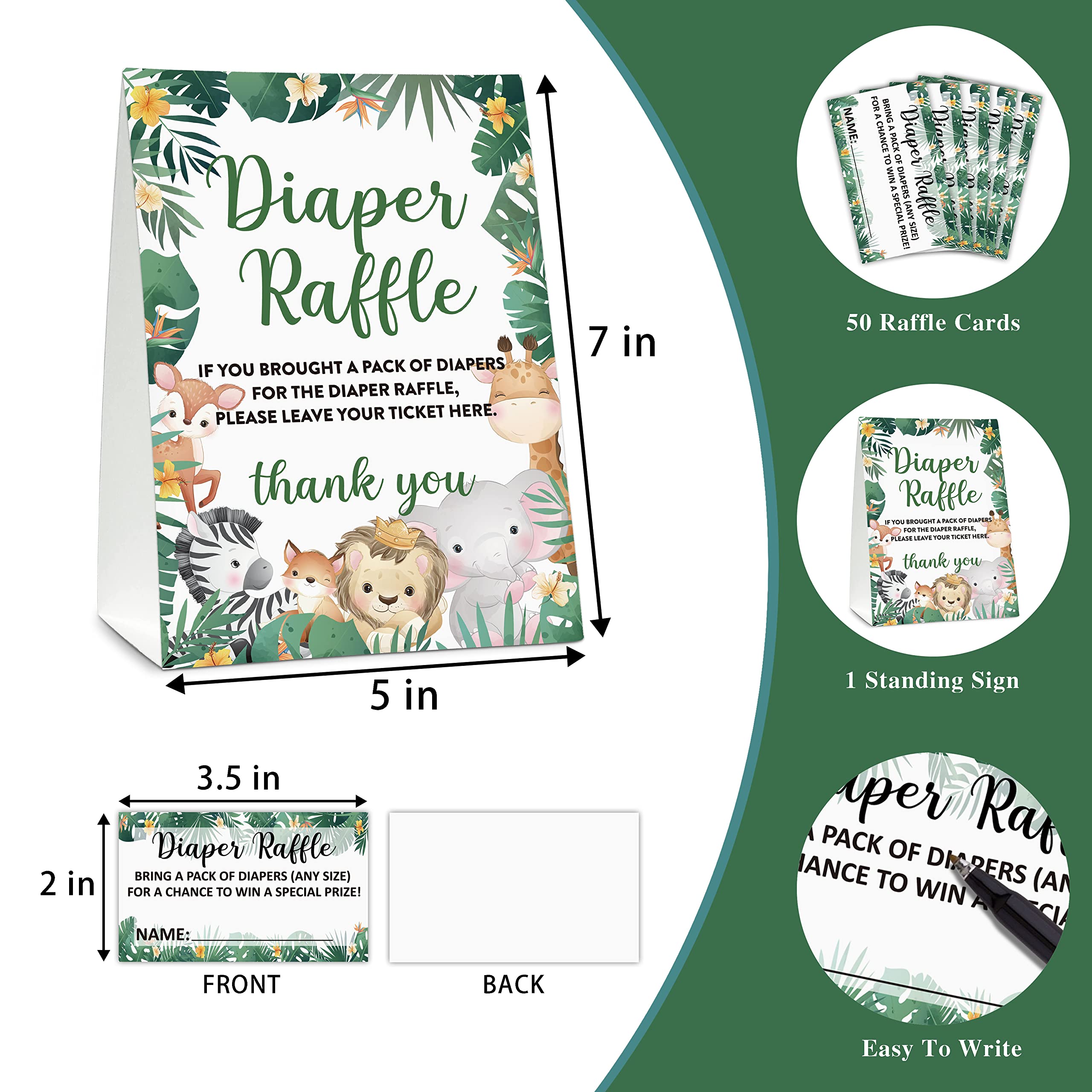 Diaper Raffle Baby Shower Game Set(1 Standing Sign + 50 Guessing Cards), Safari Diaper Raffle Tickets for Baby Shower, Jungle Baby Shower Party Favor Decor - A03