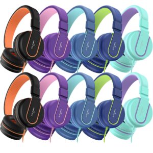 ailihen bulk classroom student headphones (5 pack) for k-12 school class sets teens with 93db volume limited wired foldable headset for online study library computer testing centers (blue green)