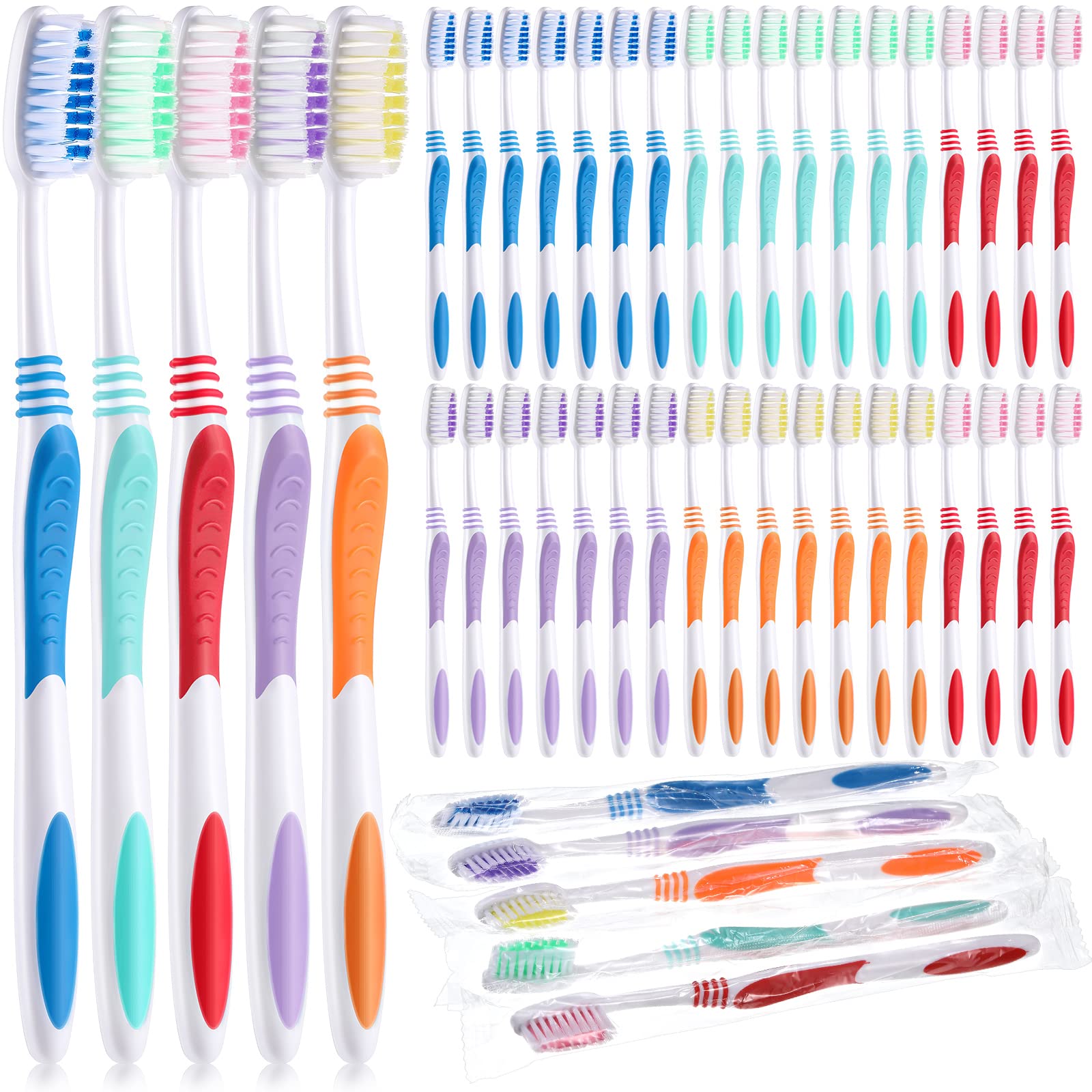 Newtay Individually Wrapped Toothbrushes Manual Disposable Travel Toothbrush Medium Soft Bristle Tooth Brush Travel Toothbrushes for Hotel, Guest, Adults, Multi Color