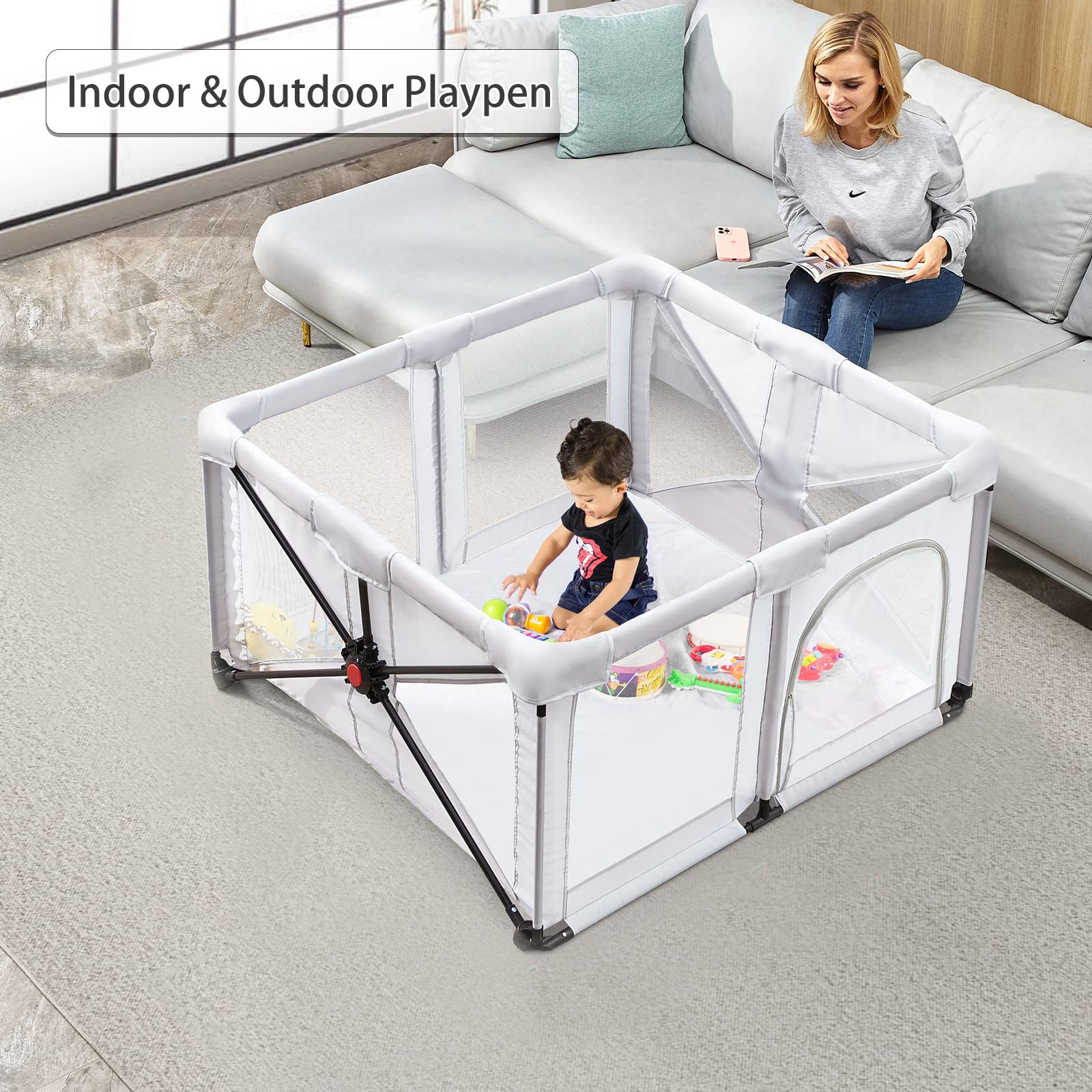 SYCYH Baby Playpen Foldable, Large Play Yard Playpen for Babies and Toddlers Play Pens for Babies and Toddlers with Gate Indoor & Outdoor Portable Play Pen 47"×43"