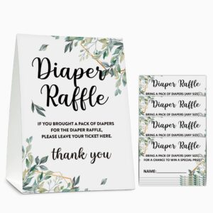 gihyan diaper raffle baby shower game set(1 standing sign + 50 guessing cards), greenery diaper raffle tickets for baby shower, gold foil baby shower party favor decor - a04