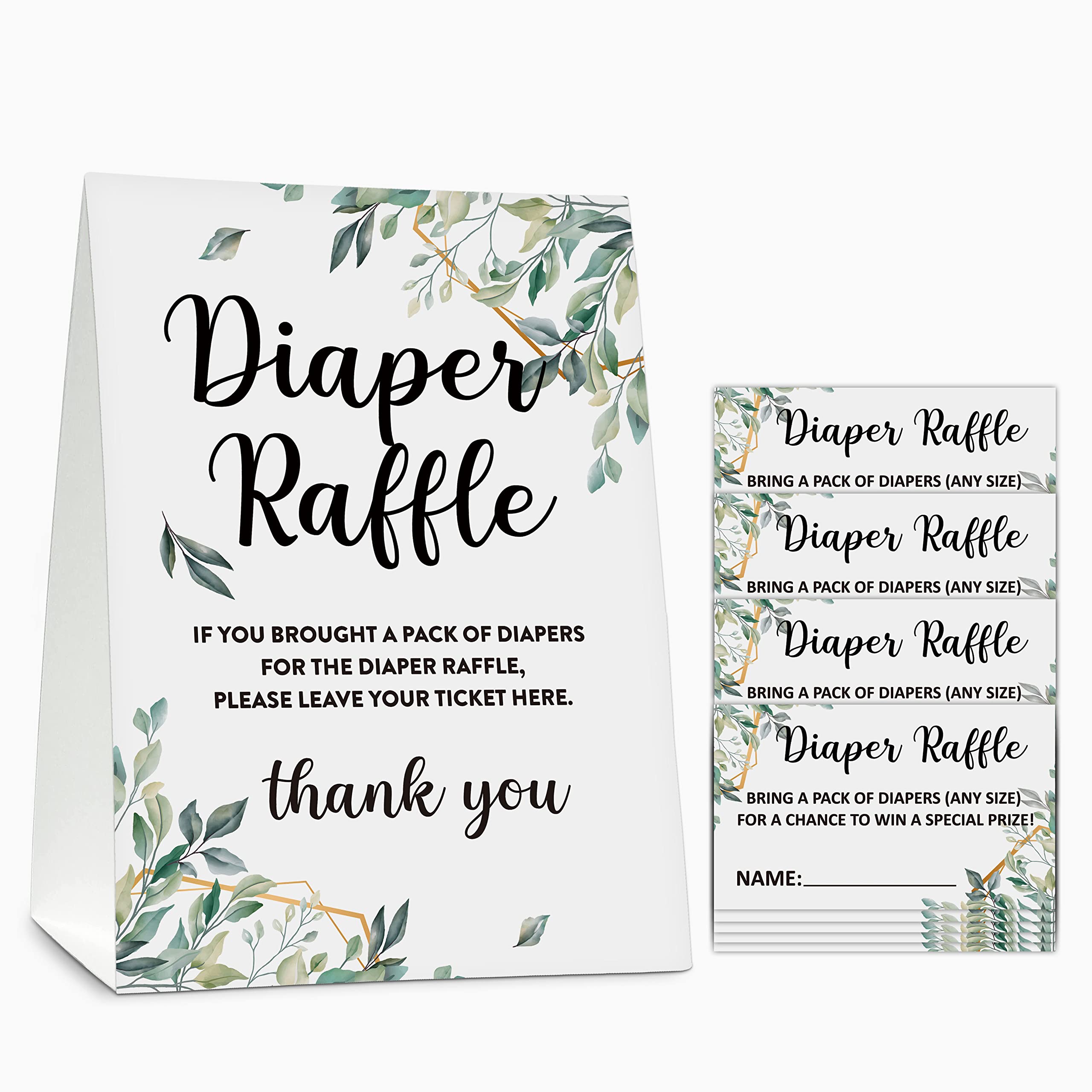 Gihyan Diaper Raffle Baby Shower Game Set(1 Standing Sign + 50 Guessing Cards), Greenery Diaper Raffle Tickets for Baby Shower, Gold Foil Baby Shower Party Favor Decor - A04