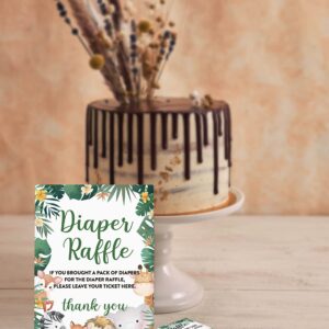 Diaper Raffle Baby Shower Game Set(1 Standing Sign + 50 Guessing Cards), Safari Diaper Raffle Tickets for Baby Shower, Jungle Baby Shower Party Favor Decor - A03