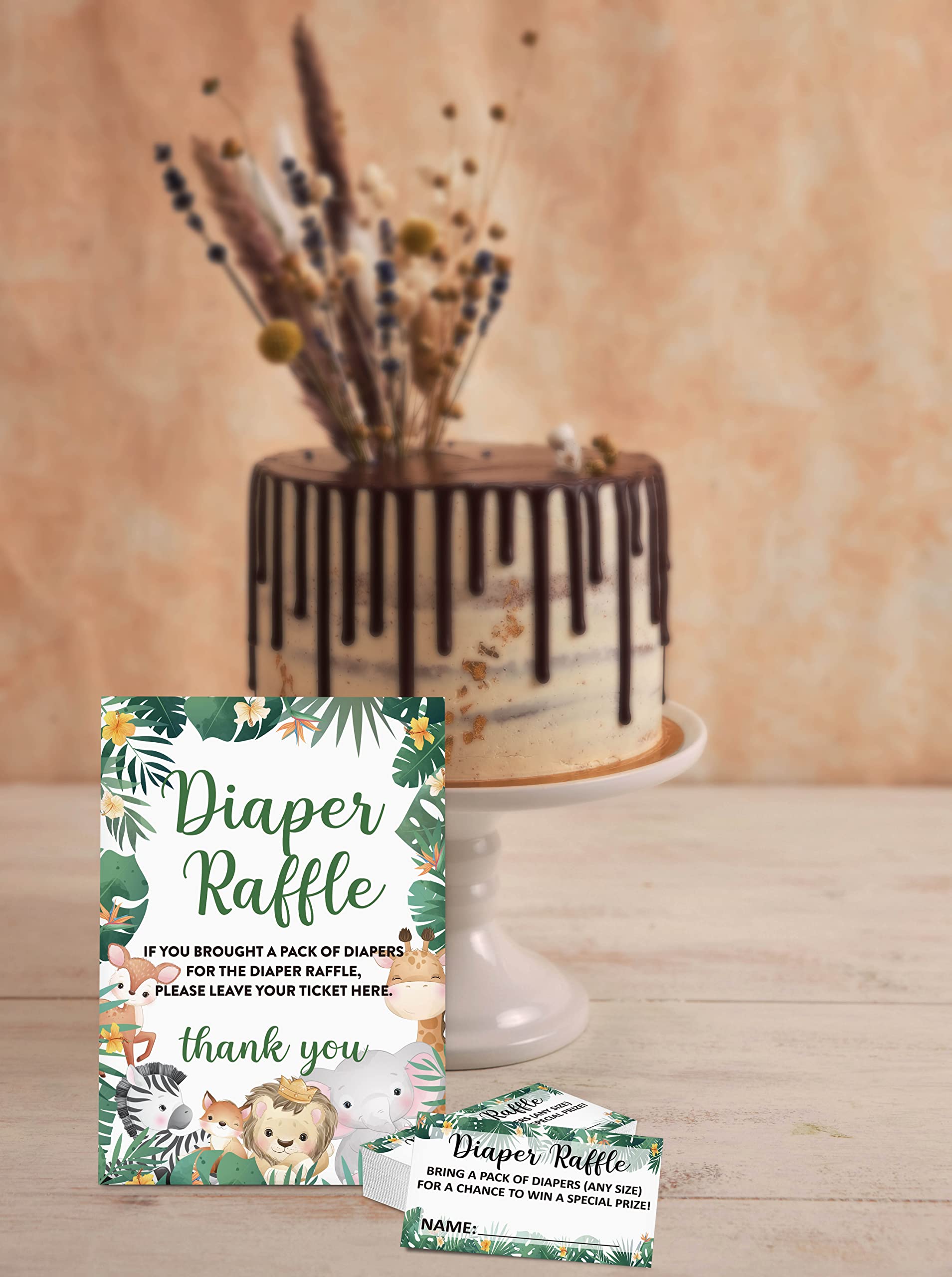 Diaper Raffle Baby Shower Game Set(1 Standing Sign + 50 Guessing Cards), Safari Diaper Raffle Tickets for Baby Shower, Jungle Baby Shower Party Favor Decor - A03