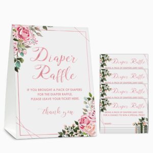 gihyan diaper raffle baby shower game set(1 standing sign + 50 guessing cards), floral greenery diaper raffle tickets for baby shower, blush pink baby shower party favor decor - a01