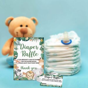 Diaper Raffle Baby Shower Game Set(1 Standing Sign + 50 Guessing Cards), Safari Diaper Raffle Tickets for Baby Shower, Jungle Baby Shower Party Favor Decor - A03