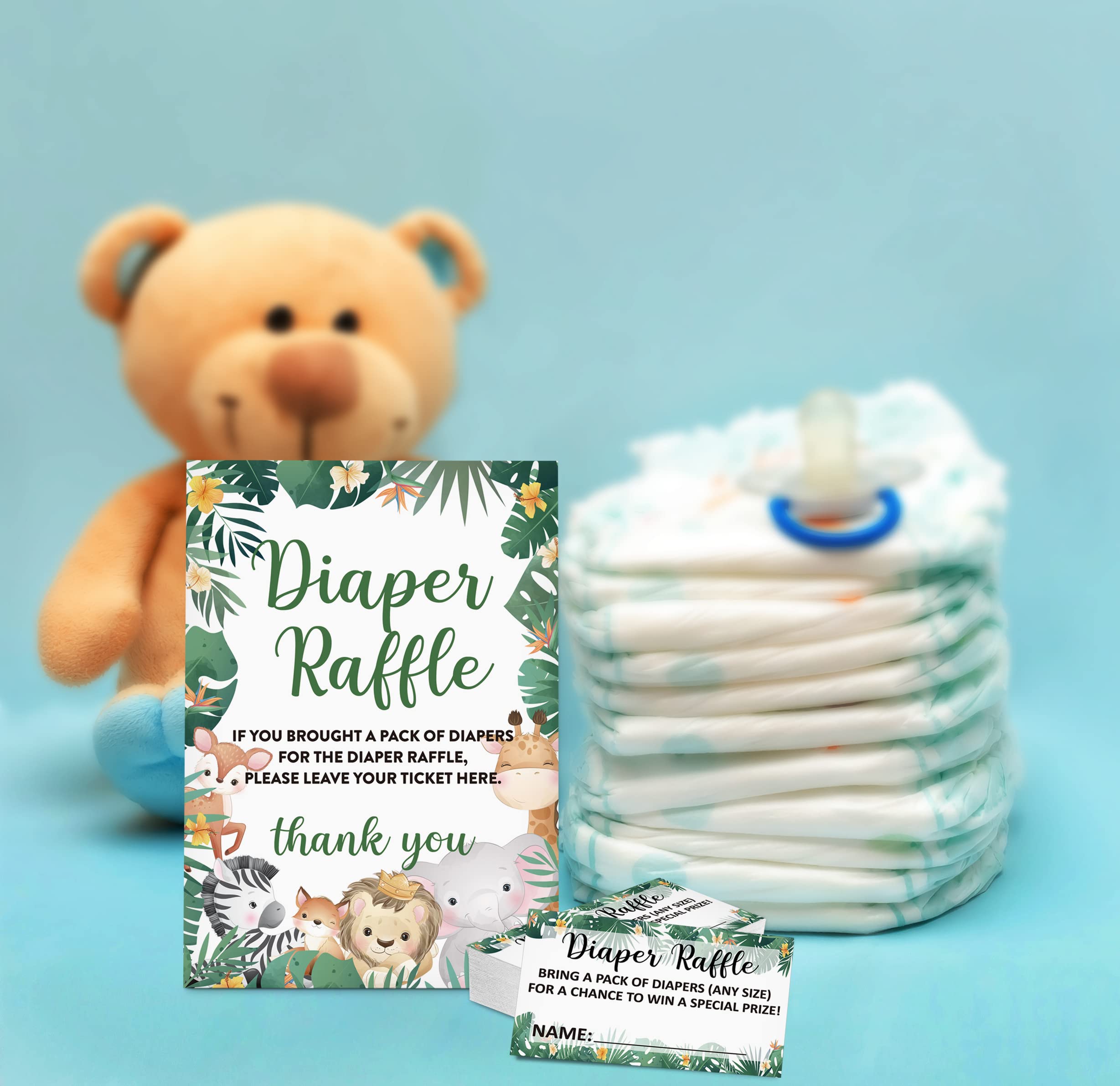 Diaper Raffle Baby Shower Game Set(1 Standing Sign + 50 Guessing Cards), Safari Diaper Raffle Tickets for Baby Shower, Jungle Baby Shower Party Favor Decor - A03