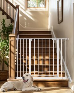 innotruth 29-39.6" width auto close dog gate, 30" tall wide baby gate for pets, extra wall pressure or hardware mounted for stairs, doorways, bedrooms, safety child no drill walk through gate, white