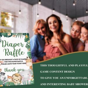 Diaper Raffle Baby Shower Game Set(1 Standing Sign + 50 Guessing Cards), Safari Diaper Raffle Tickets for Baby Shower, Jungle Baby Shower Party Favor Decor - A03