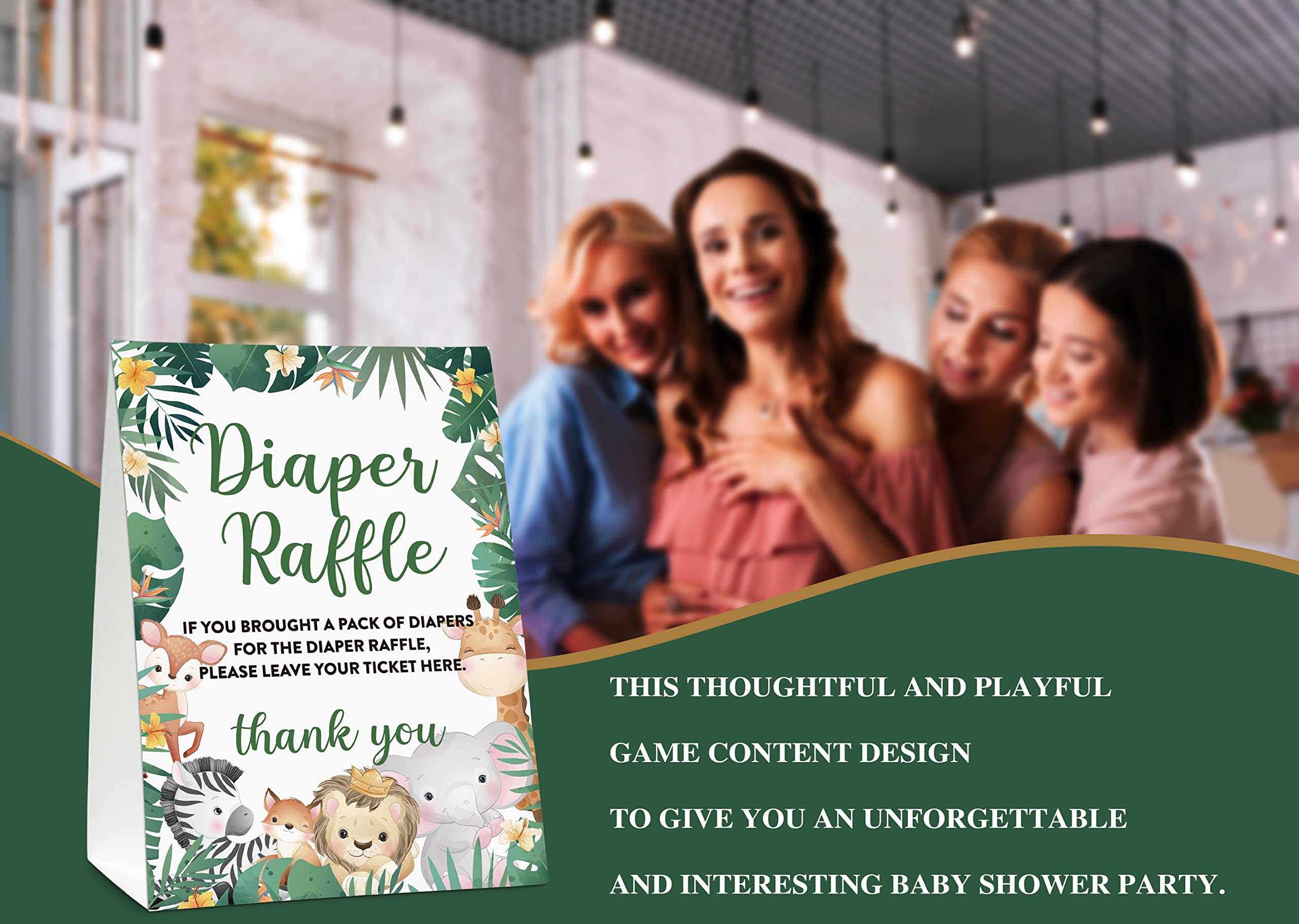 Diaper Raffle Baby Shower Game Set(1 Standing Sign + 50 Guessing Cards), Safari Diaper Raffle Tickets for Baby Shower, Jungle Baby Shower Party Favor Decor - A03