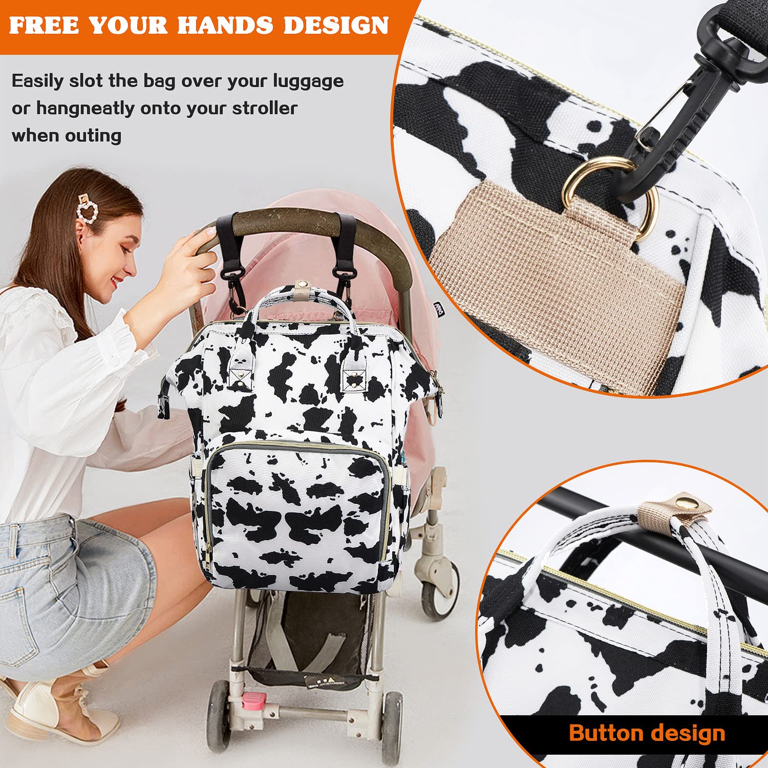 LIMHOO 3 in 1 Diaper Bag Backpack, Multifunction Large Baby Bags with Changing Pad & Stroller Straps, Waterproof Nappy Bag for Mom Baby Care (Cow Print)