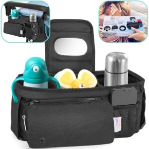 baby stroller organizer - stroller caddy with insulated cup holder attachment & diaper storage for on-the-go secure straps, detachable bag, pockets for phone, keys & toys with universal design