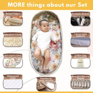 Baby Changing Basket Kit - Macrame Boho Moses Basket for Babies, Handmade 100% Cotton, Woven Portable Nursery Decor, Waterproof Pad & Floral Pad, Milestone Cards, Changing Table Topper for Dresser