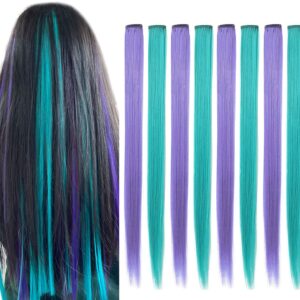 SARARHY Colored Hair Extensions Clip in 21 inch Straight Synthetic Hair Accessories Party Highlights Colorful Hairpieces for Kids Women Girls Wig Pieces 16 Pcs (Teal Lavender)