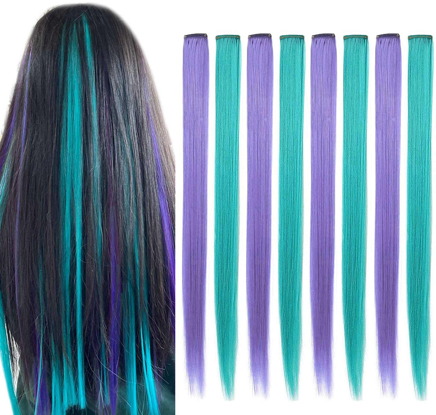 SARARHY Colored Hair Extensions Clip in 21 inch Straight Synthetic Hair Accessories Party Highlights Colorful Hairpieces for Kids Women Girls Wig Pieces 16 Pcs (Teal Lavender)