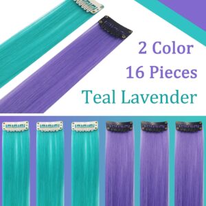 SARARHY Colored Hair Extensions Clip in 21 inch Straight Synthetic Hair Accessories Party Highlights Colorful Hairpieces for Kids Women Girls Wig Pieces 16 Pcs (Teal Lavender)