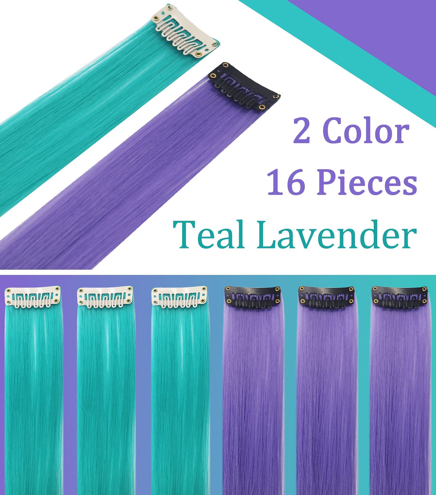 SARARHY Colored Hair Extensions Clip in 21 inch Straight Synthetic Hair Accessories Party Highlights Colorful Hairpieces for Kids Women Girls Wig Pieces 16 Pcs (Teal Lavender)