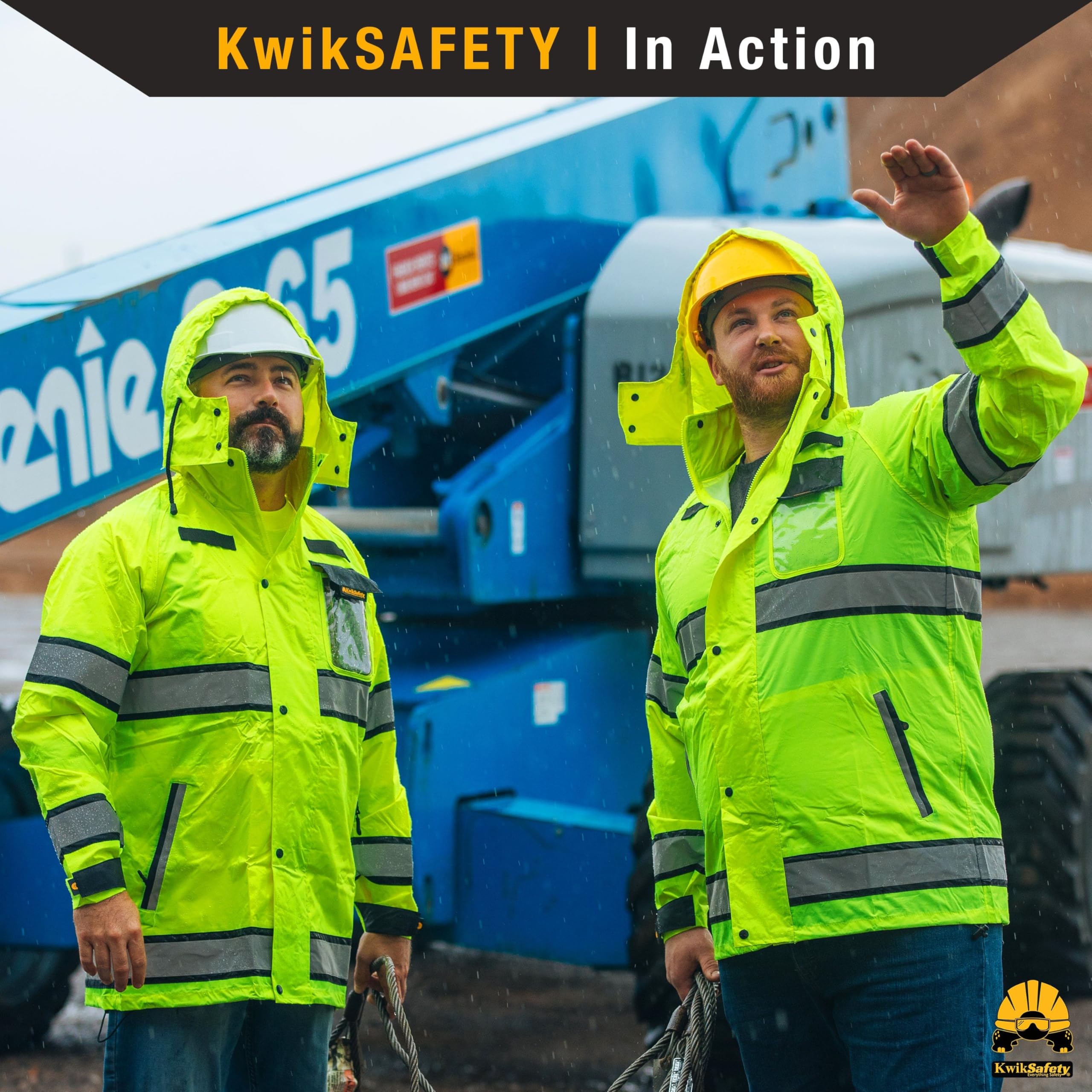 KwikSafety - Charlotte, NC - TORRENT Class 3 Safety Rain Jacket - ANSI Tested OSHA HiVis Weather Proof Reflective Coat Hideaway Hood/Yellow XL