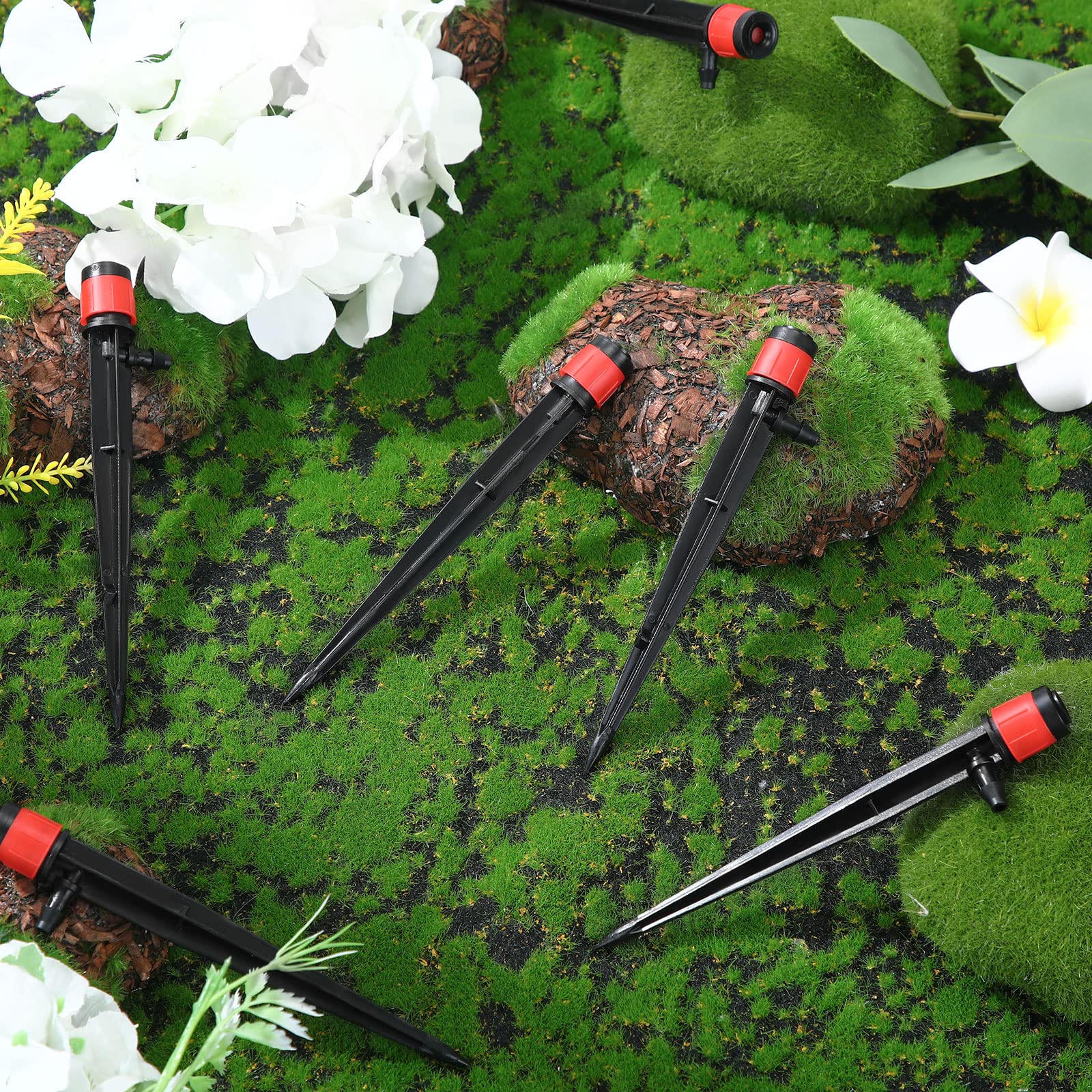 Remagr 300 Pcs Drip Irrigation Emitters for 1/4 Inch Drip Irrigation Tubing Flow Drippers 360 Degree Adjustable Drip Irrigation Emitters with Stake Irrigation Sprayers for Garden Lawn Flower Bed