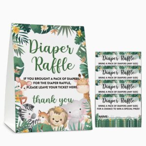 diaper raffle baby shower game set(1 standing sign + 50 guessing cards), safari diaper raffle tickets for baby shower, jungle baby shower party favor decor - a03