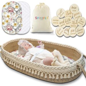 baby changing basket kit - macrame boho moses basket for babies, handmade 100% cotton, woven portable nursery decor, waterproof pad & floral pad, milestone cards, changing table topper for dresser