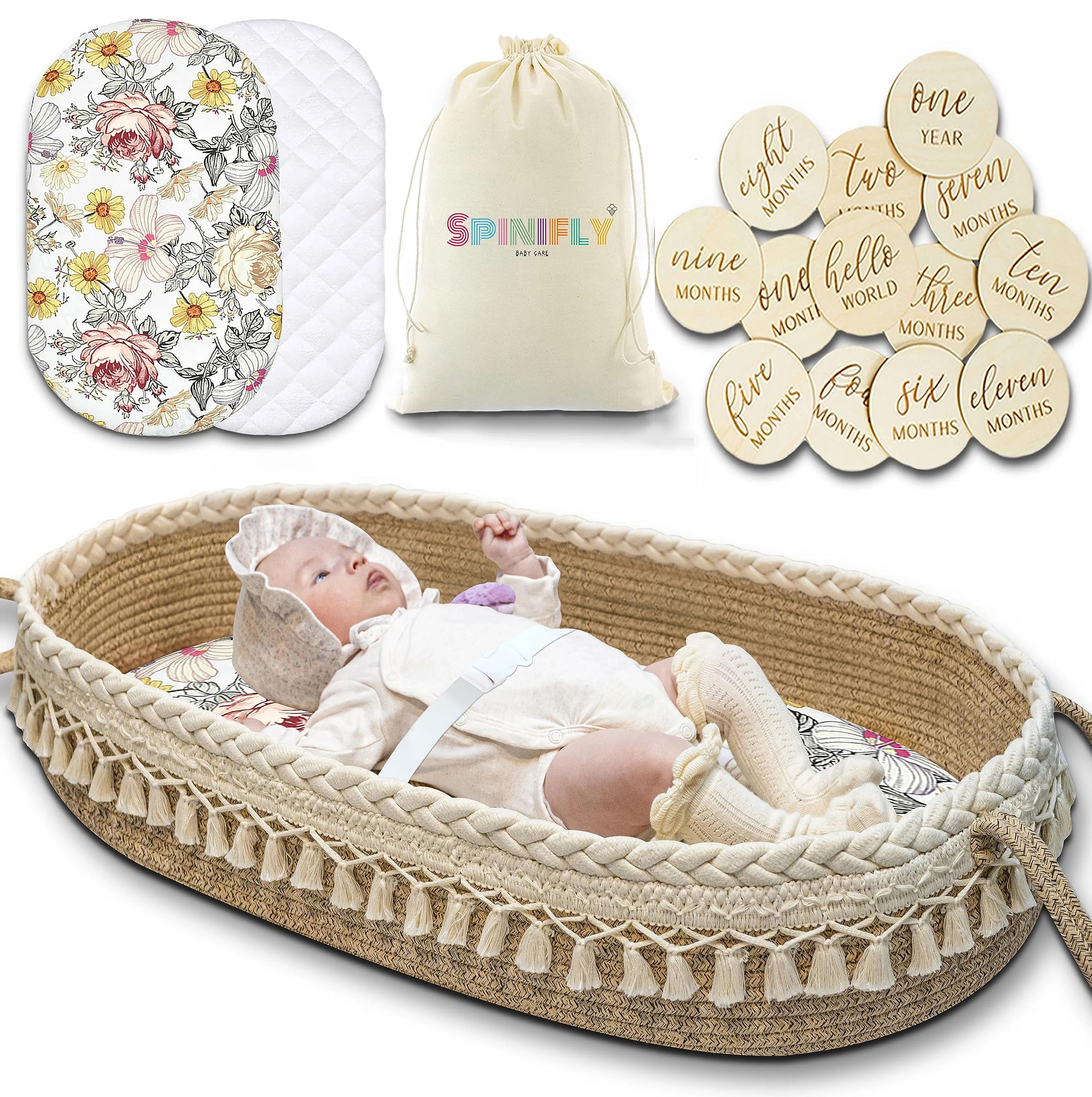 Baby Changing Basket Kit - Macrame Boho Moses Basket for Babies, Handmade 100% Cotton, Woven Portable Nursery Decor, Waterproof Pad & Floral Pad, Milestone Cards, Changing Table Topper for Dresser