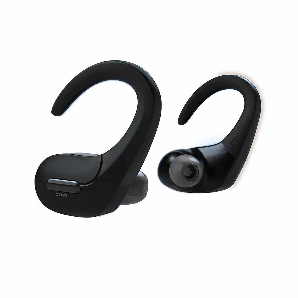 Coby True Wireless Sports Ear Buds with Over Ear Hooks | Wireless Bluetooth Earbuds | Sweatproof and Splash-Resistant | Headphones with Microphone Built-in | for Gym Sports & Running (Black)