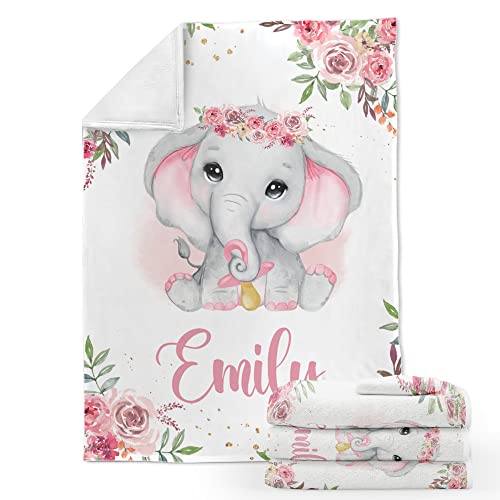 ZouZou Personalized Customized Baby Girl Blanket - Baby Blanket with Name for Baby Girl, 30x40, Fleece - Cute Custom Baby Blanket for Baby Girls (Elephant)