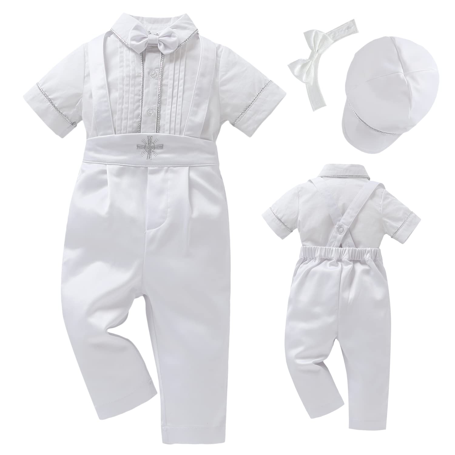 Booulfi Baptism Christening Outfits for Boys Easter Outfit Baby Boys Clothes Church Blessing Suits Summer Gentleman Birthday Wedding Outfit with Dress Shirt Bowtie Suspender Pants Hat 12-18 Months