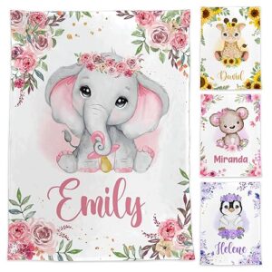 zouzou personalized customized baby girl blanket - baby blanket with name for baby girl, 30x40, fleece - cute custom baby blanket for baby girls (elephant)