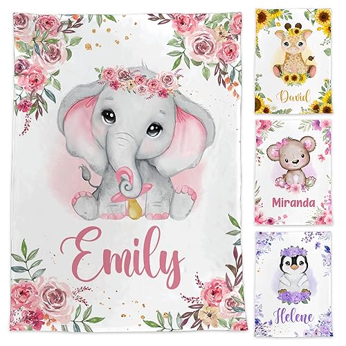 ZouZou Personalized Customized Baby Girl Blanket - Baby Blanket with Name for Baby Girl, 30x40, Fleece - Cute Custom Baby Blanket for Baby Girls (Elephant)