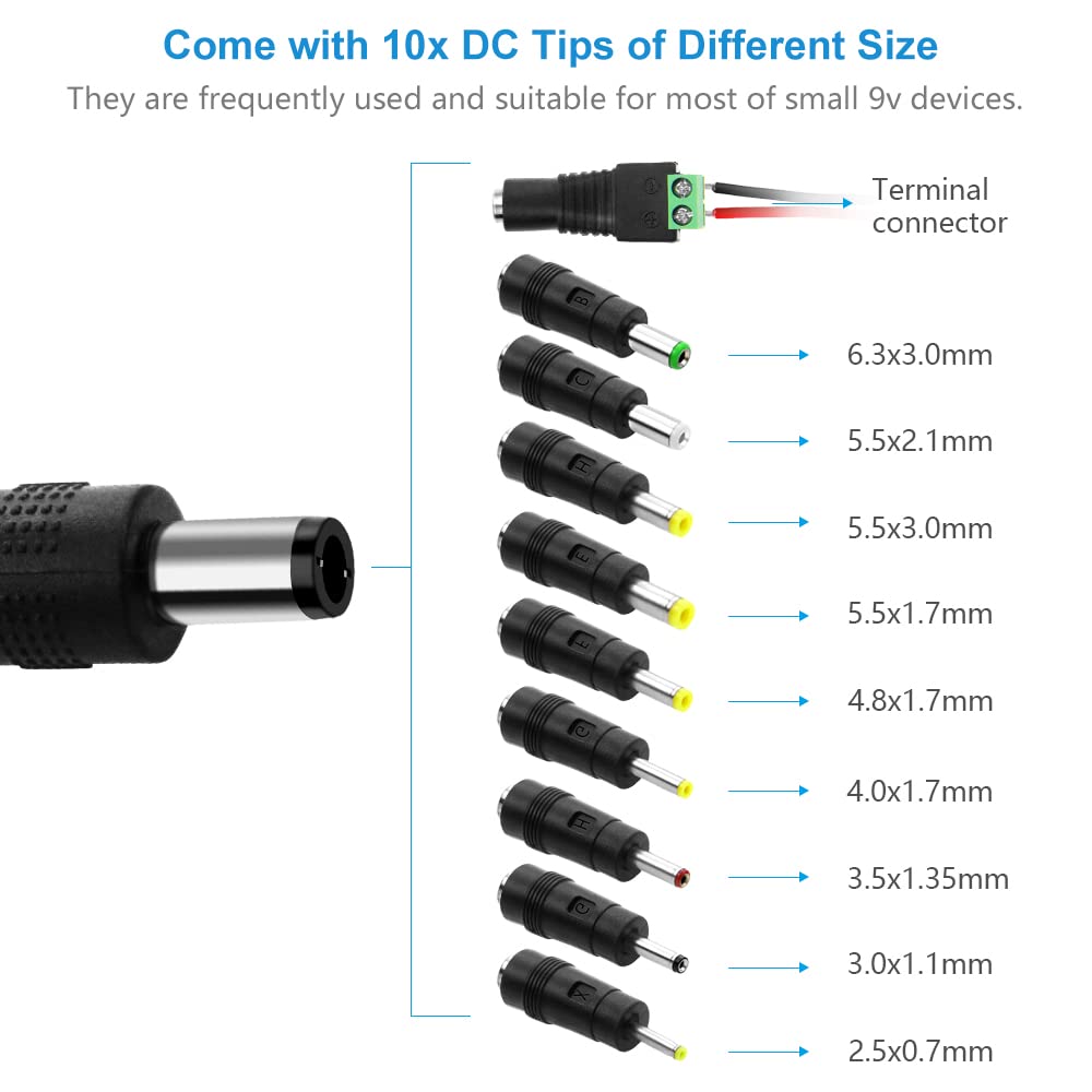 SHNITPWR 9V DC Power Supply 9 Volt 1A 9W Power Cord AC Adapter 100~240V AC to DC 9Volt 1000mA 800mA 500mA 300mA Power Converter with 10 Tips 5.5x2.5mm 5.5x2.1mm 3.5x1.35mm 4.8x1.7mm, Center Positive